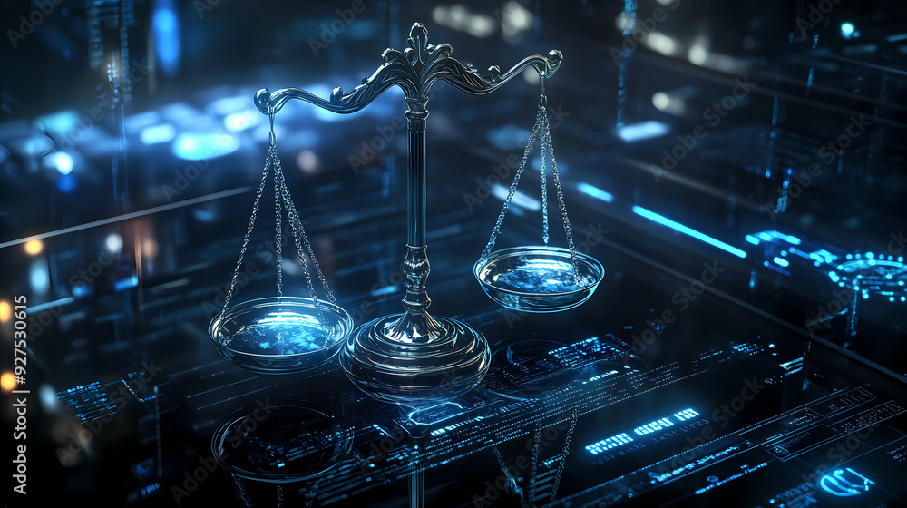 The scales of justice rendered in 3D, floating in a digital void with ...