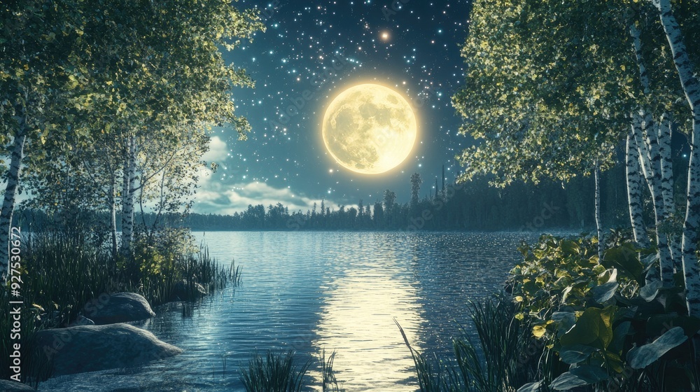 Magical night scene with a harvest moon casting a soft glow over a ...