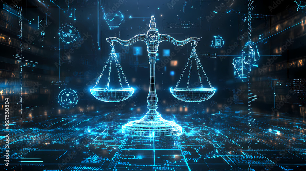 The scales of justice rendered in 3D, floating in a digital void with ...
