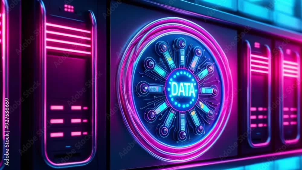 Neon lights illuminate a data center server rack with a glowing "DATA ...