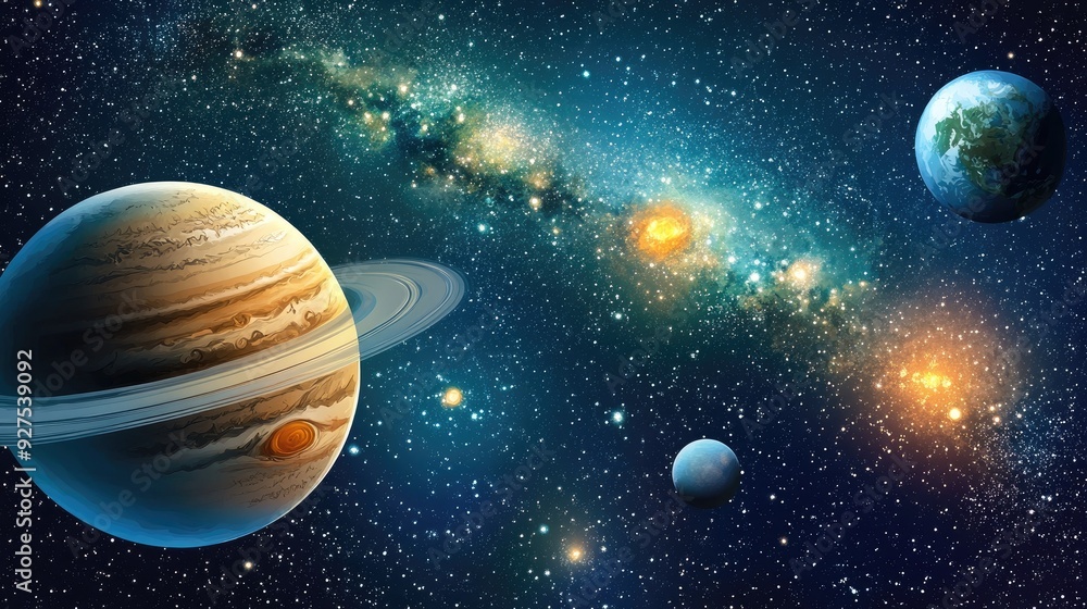 Stylized vector map of the solar system showcasing Earth, Jupiter, and ...