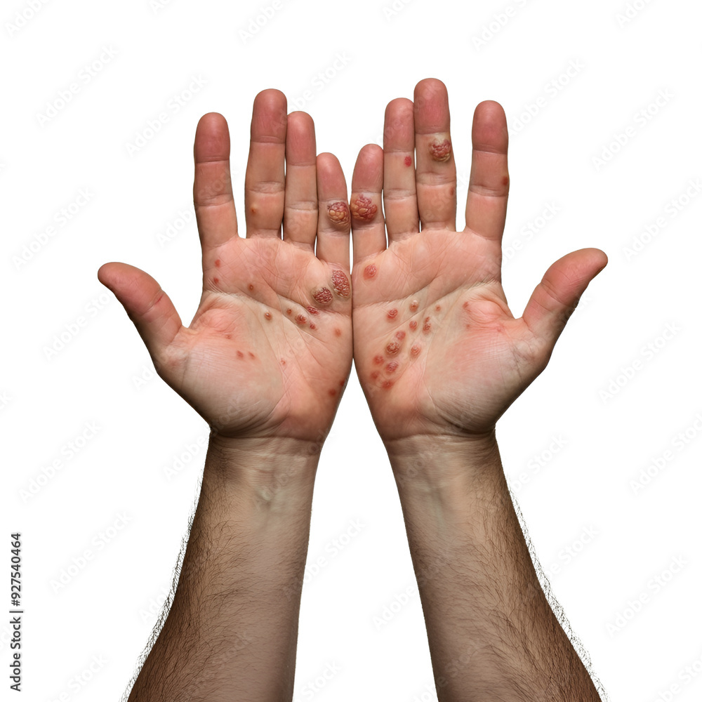 Male hands with rash. PNG. Isolated background. Patient with Pox viral ...