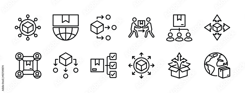 Package delivery distribution line icon set. Global shipping connection ...