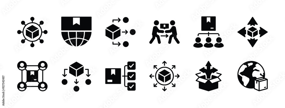 Package delivery distribution flat icon set. Global shipping connection ...
