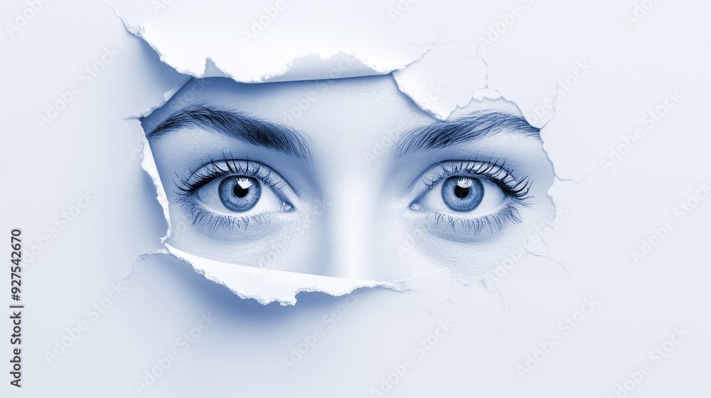 Striking image of blue eyes peering through torn white paper, creating ...