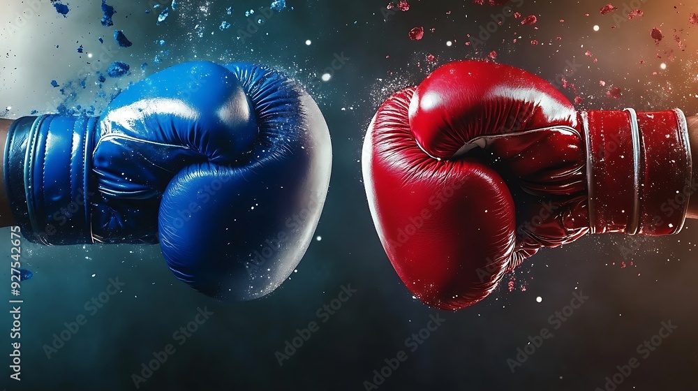 Two boxing gloves clashing in the center, with ample copyspace for ...