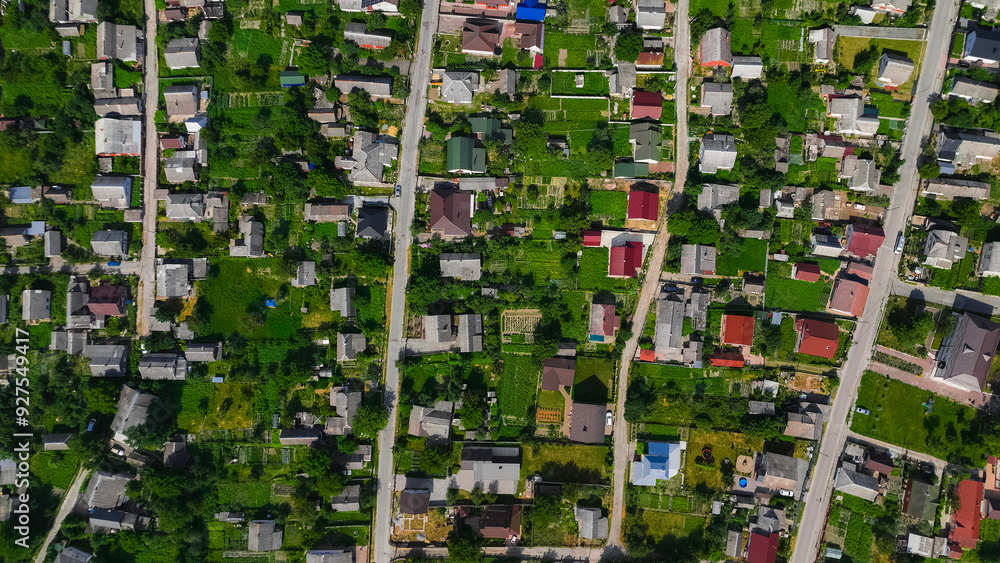 aerial top view rural country side village streets roof top cottages ...
