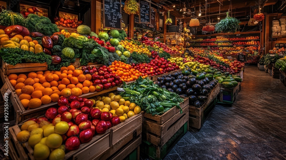 A vibrant indoor market hall filled with neatly organized fresh produce ...