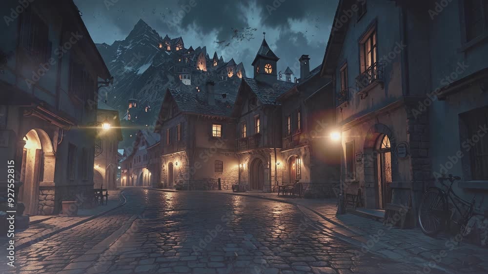 A cobblestone street in a medieval village at night, lit by lampposts ...