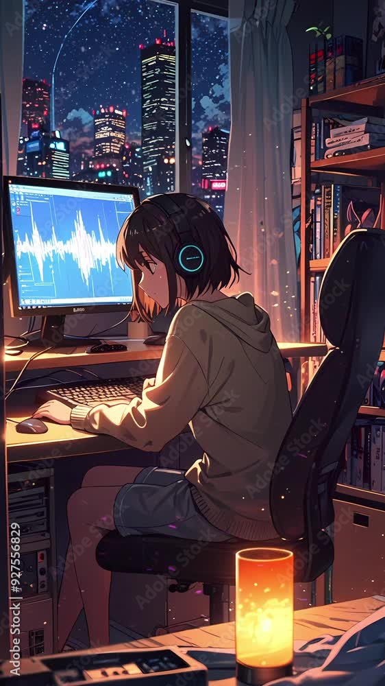 2D animation, teenage girl sitting in front of computer. Break time ...