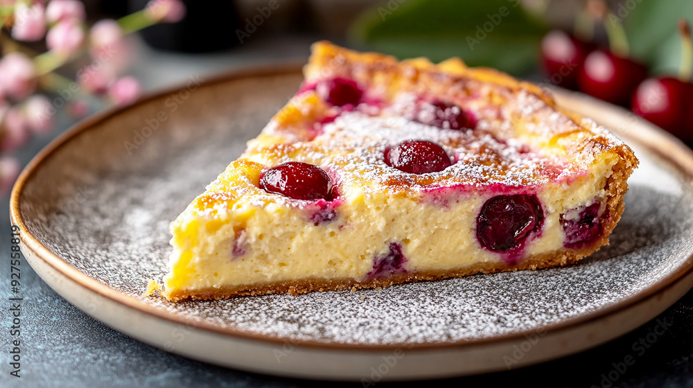 slice of clafoutis with a focus on the tender, custard-like interior ...