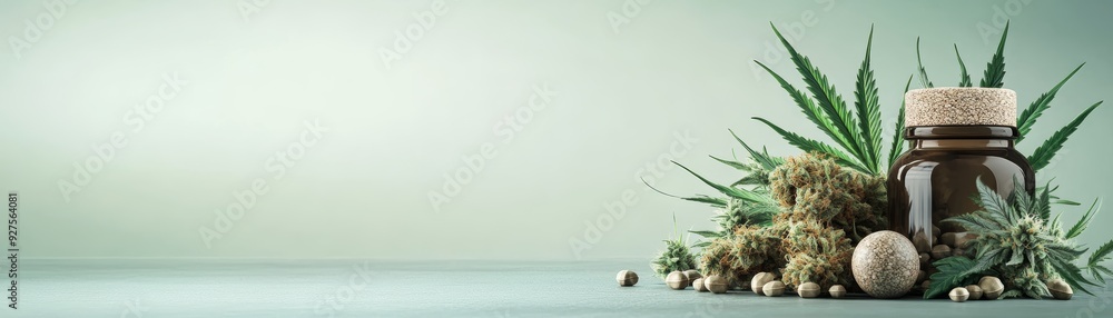 Aesthetic arrangement of hemp leaves, jar, and natural elements on a ...