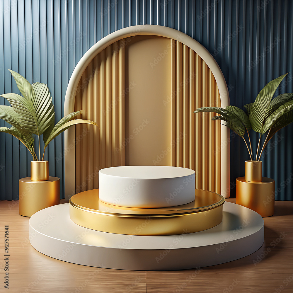 Three-tier podium for displaying products and goods in 3D style in gold ...