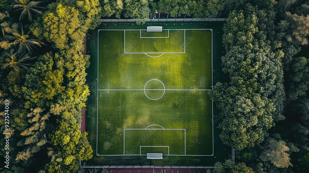 realistic photograph of a zenith view from above a football field, that ...