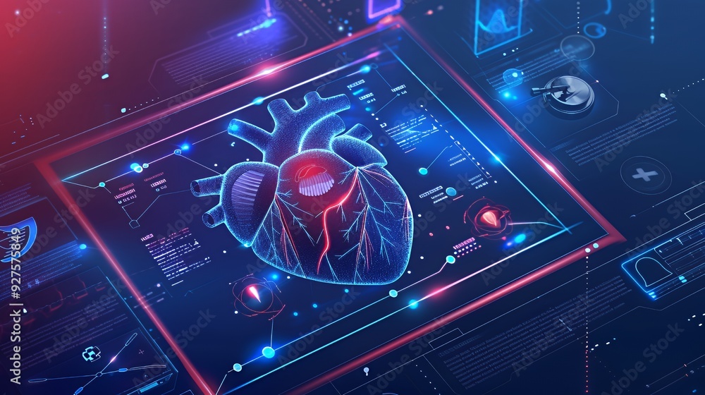 A digital illustration of a beating human heart displayed on a ...