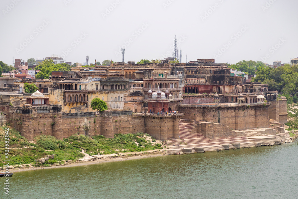 View of the ancient Ramnagar Fort from the river Ganges. The Ramnagar ...