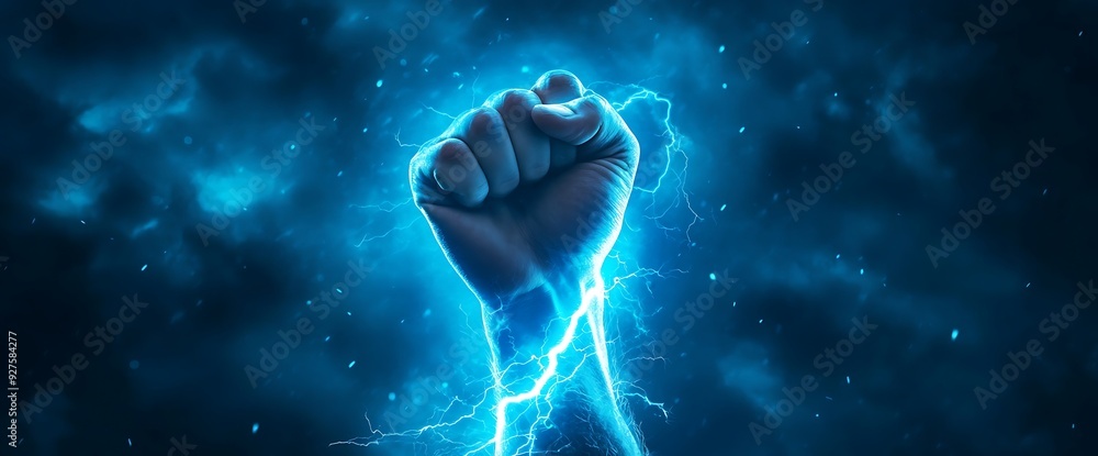 A clenched fist with blue lightning bolts emanating from it, against a ...