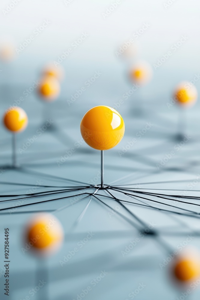 Conceptual image of interconnected orange pins on a network. This ...