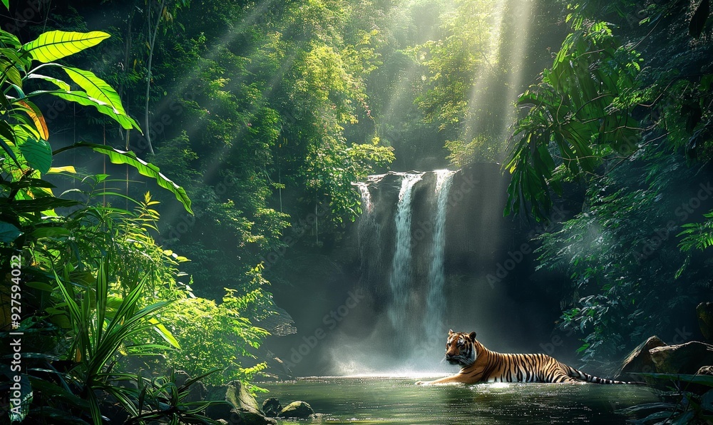 AI generation depicts an white tiger in the forest amidst nature ...