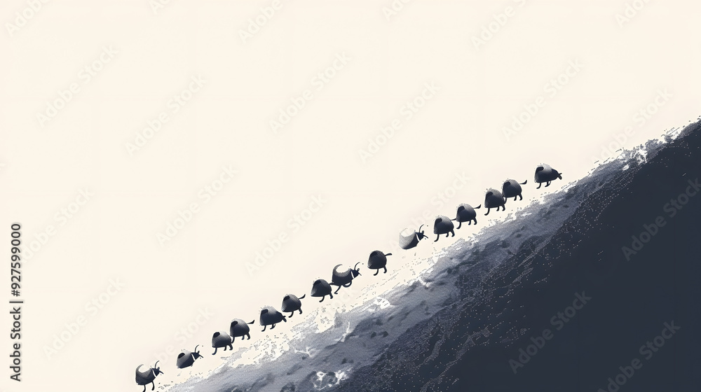 2D vector drawing of dense line of lemmings walking up a hill ...