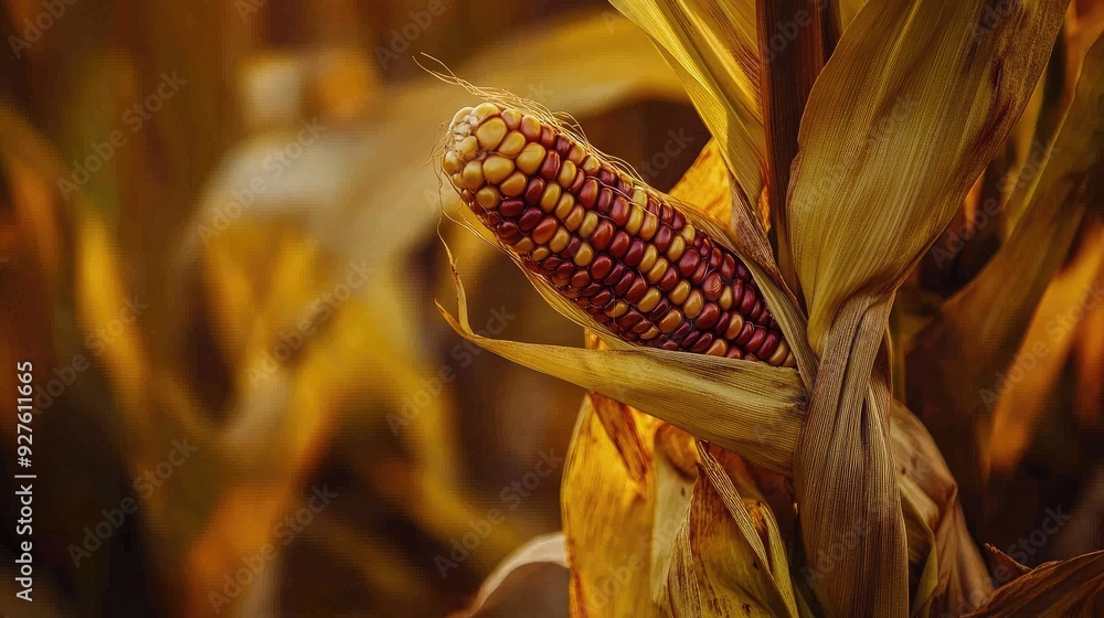 A close-up of a corn stalk with a corn cob, highlighting the fresh ...