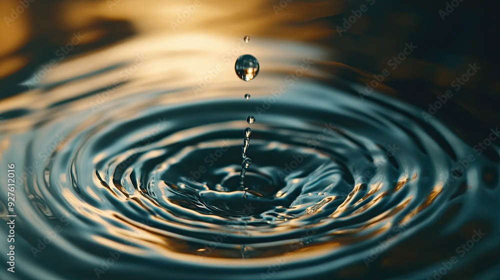 A close-up of a water droplet falling into a smooth body of water ...