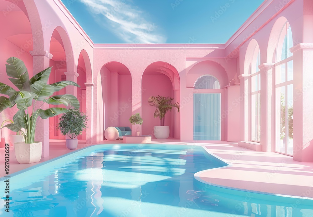 Minimalist stage design concept for Greek pool party, backdrop with ...