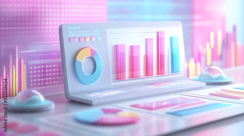 Colorful digital analytics dashboard with charts and graphs depicting ...