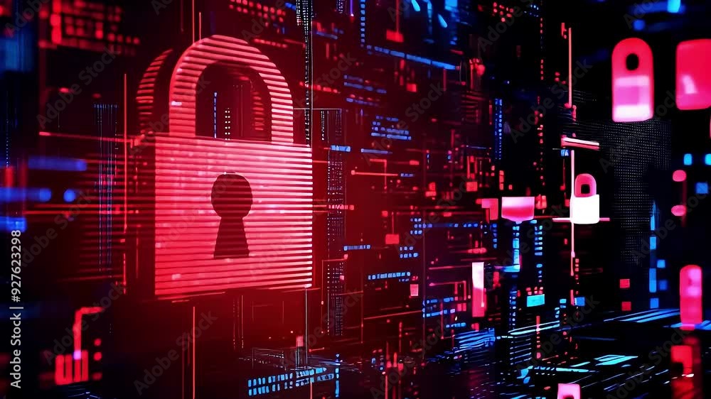 A red digital lock icon moves subtly with a background of orderly, slow ...