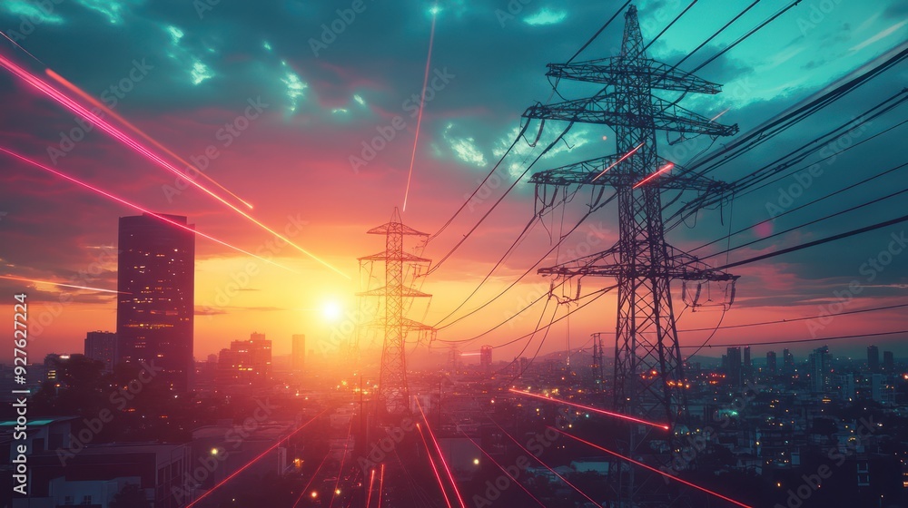 bottom view electricity overhead power lines on sunset sky, with ...