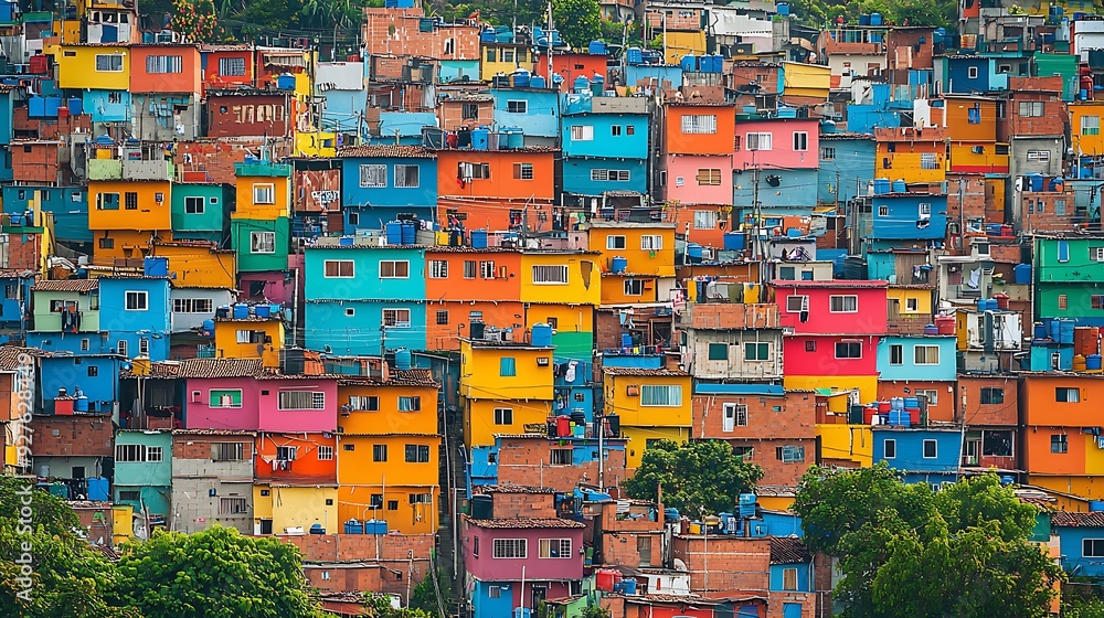 An aerial view of the colorful favelas in Rio de Janeiro, with tightly ...