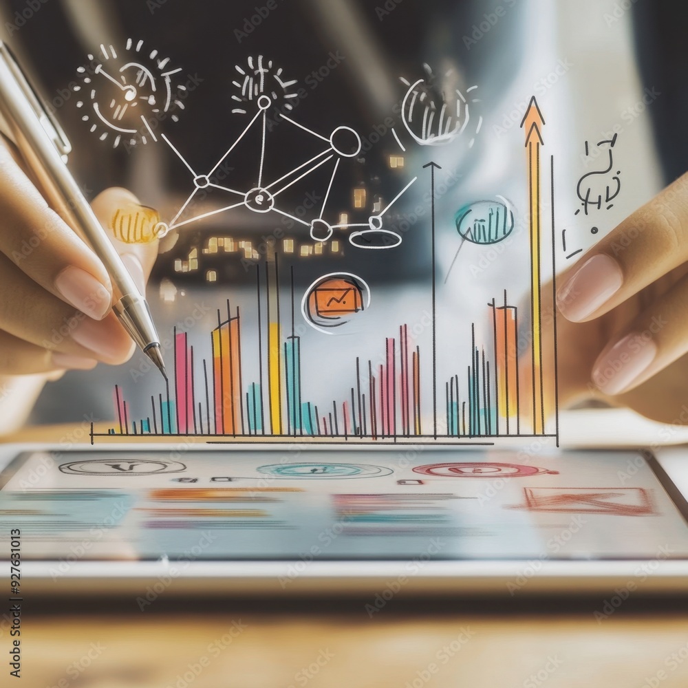 Hand drawn business strategy charts and graphs hover over a digital ...