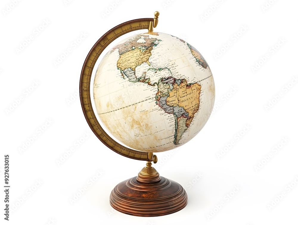 Vintage globe with a wooden base and brass meridian. The globe features ...