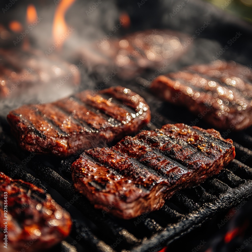 Delicious grilled beef BBQ on a smoky grill, with vibrant, charred ...