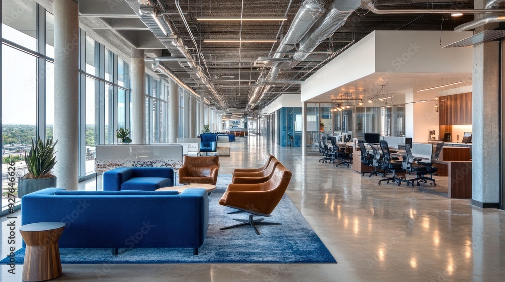 Modern office space featuring an open-plan design with comfortable ...
