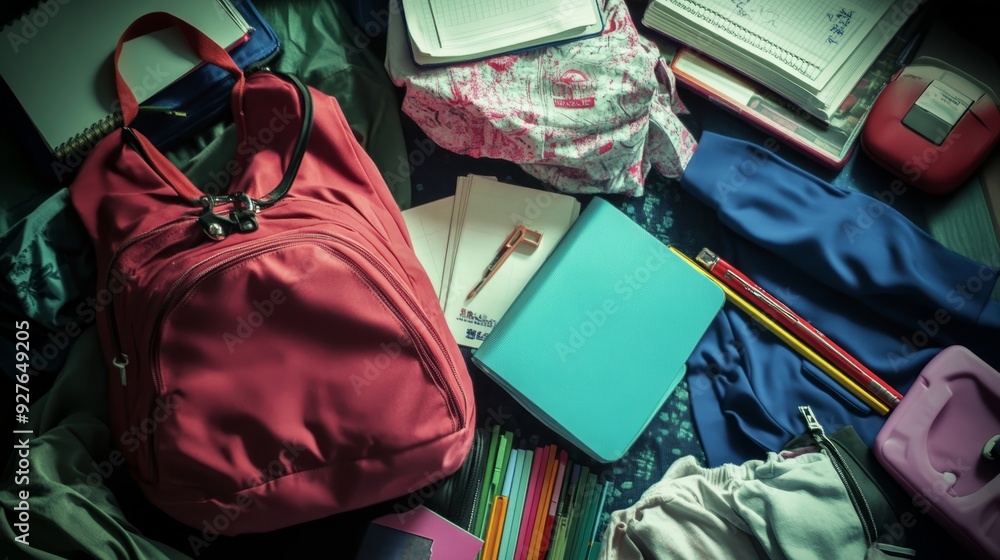 School equipment, ready to go, open the bag, pencil box, notebook, new ...