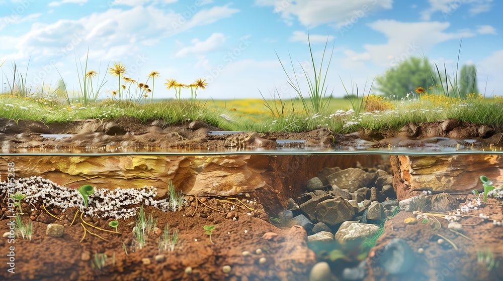 Split-level view of a grassy field and its underwater soil, showing the ...