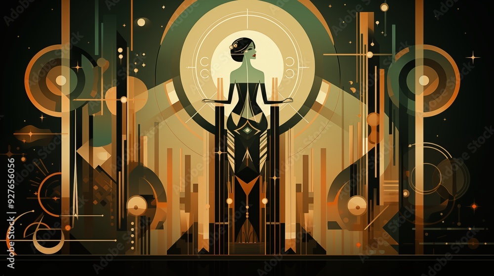 A stylized, abstract art deco illustration featuring a central figure ...