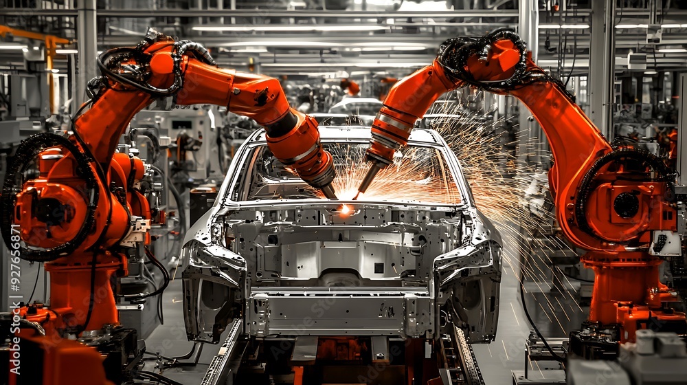 Dynamic industrial scene in advanced automobile manufacturing facility ...