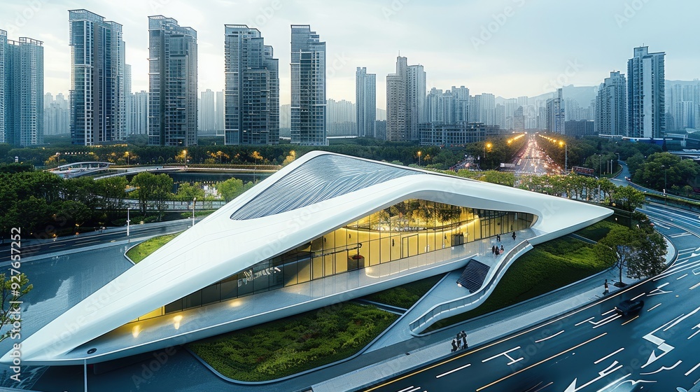 A modern triangular shaped museum building on the edge of an urban park ...