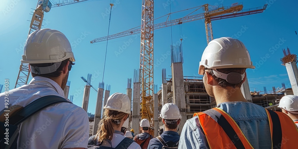 Group of male construction students looking at beautiful construction ...