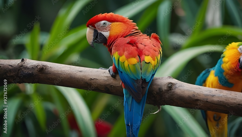 One ara parrot on brunch with green background. Photo with positive ...