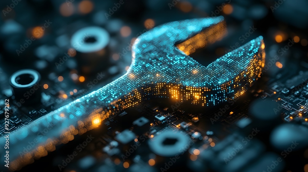 Blue digital hand holding a glowing wrench spanner with binary code, representing AI-driven ...