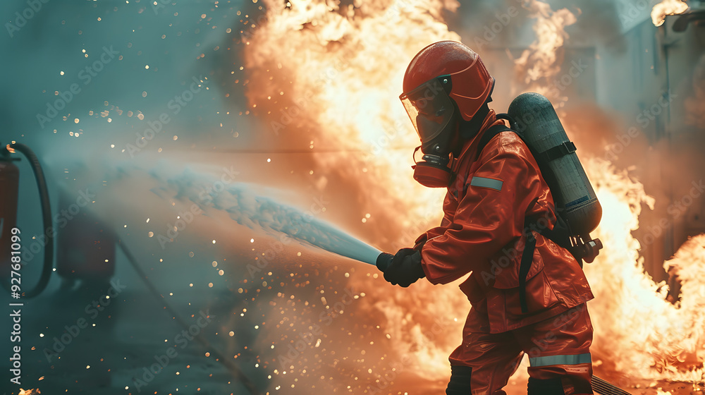 A firefighter in full protective gear works to extinguish a raging fire ...