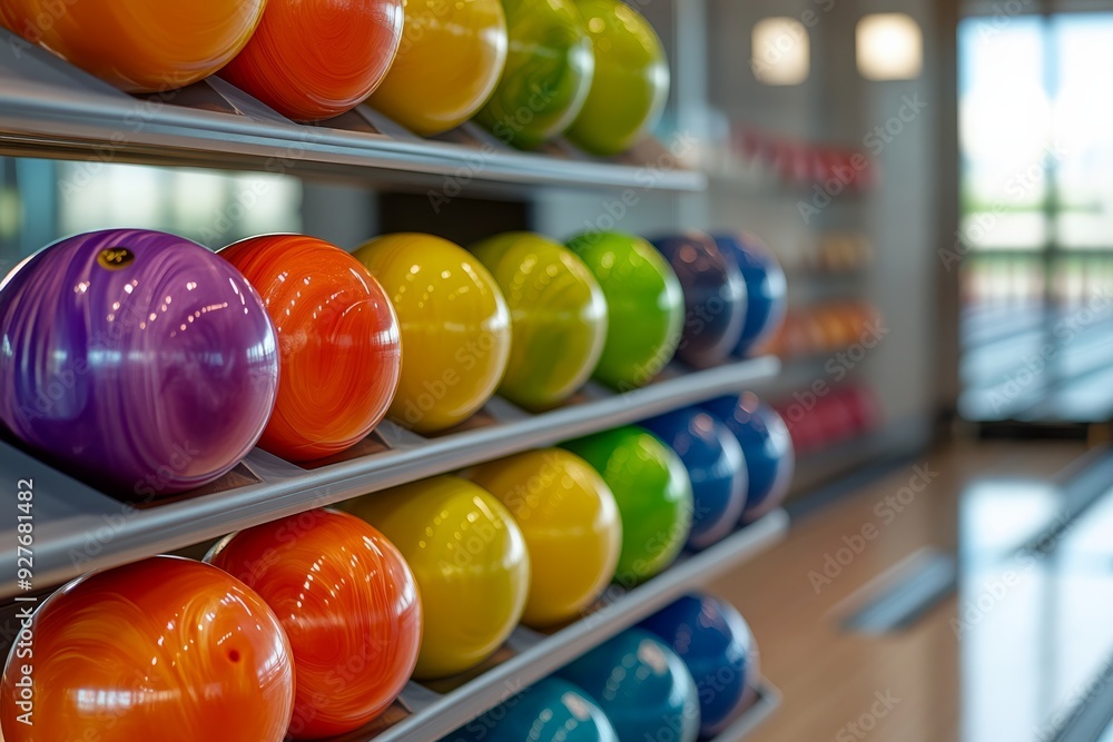 Brightly colored bowling balls are lined up in a well-lit modern ...