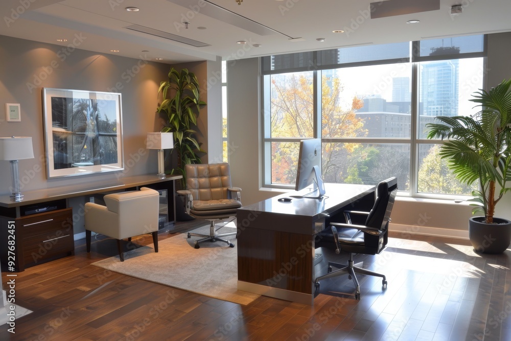 An office scene with a desk, a chair, and a window, providing a ...