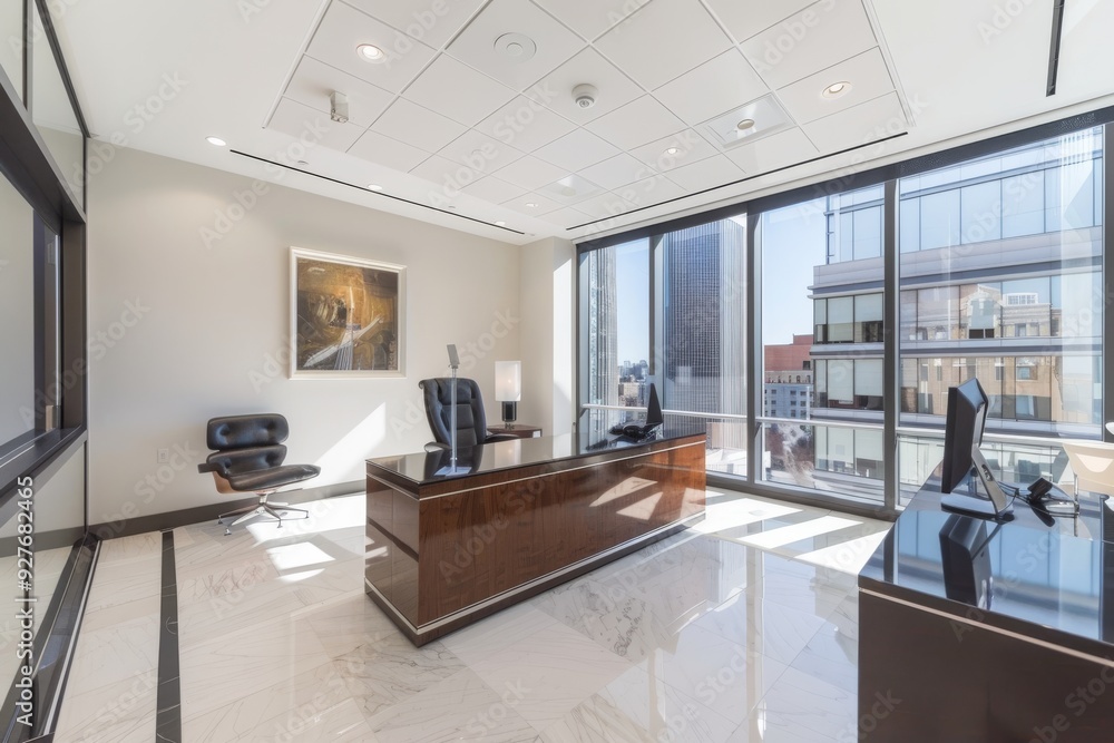 An office scene with a desk, a chair, and a window, providing a ...