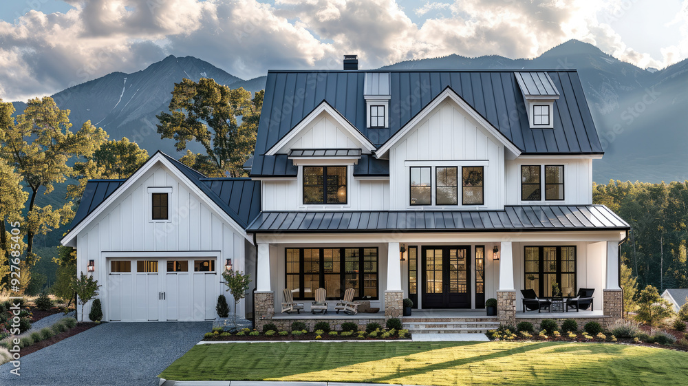 Minimalist modern farmhouse style home with a large front porch and ...