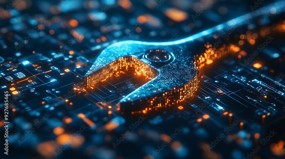 blue digital hand gripping a wrench spanner with illuminated binary code, symbolizing predictive ...