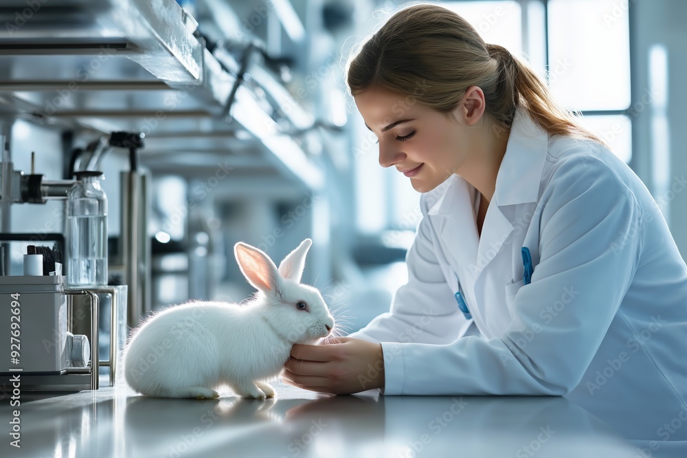 Female scientist gently interacting with a white rabbit in a laboratory ...